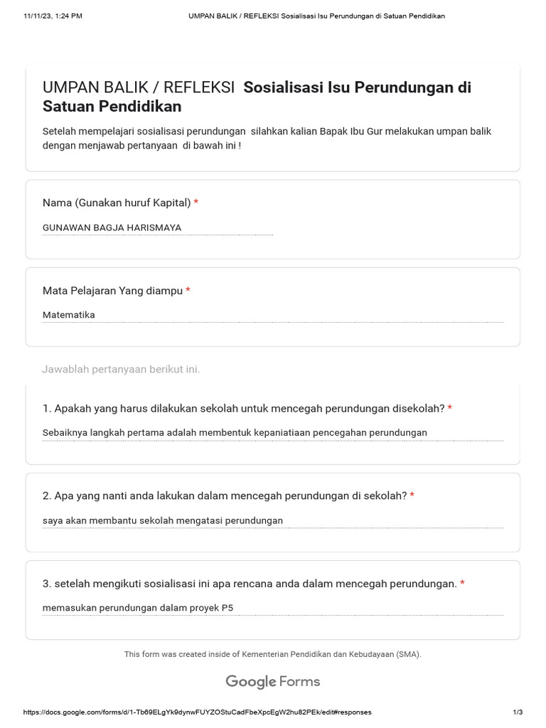 UMPAN BALIK - REFLEKSI Sosialisasi Isu Perundungan Di Satuan Pendidikan - Google Forms | PDF ...