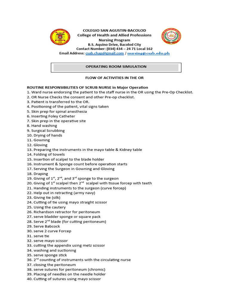 OR Routine Responsibilities of Scrub Circulating Nurse | PDF | Surgery ...