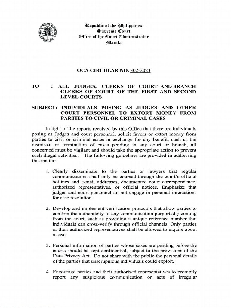 OCA Circular No. 302 2023 | PDF | Judge | Crimes