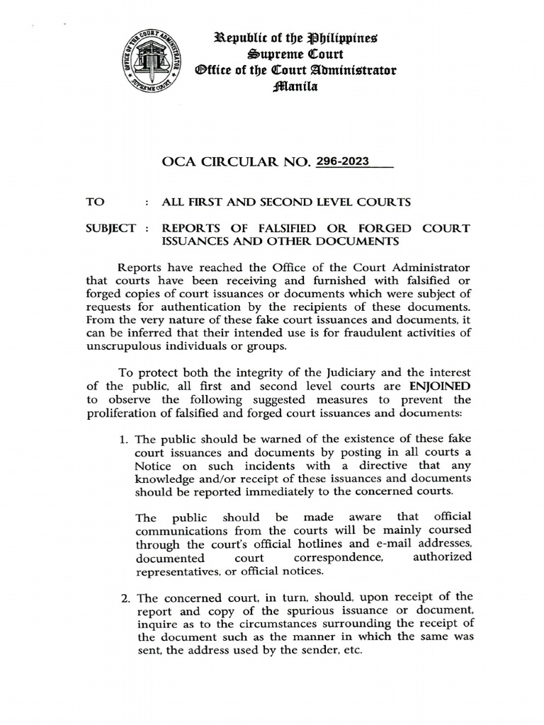 OCA Circular No. 296 2023 | PDF | Crimes | Crime & Violence