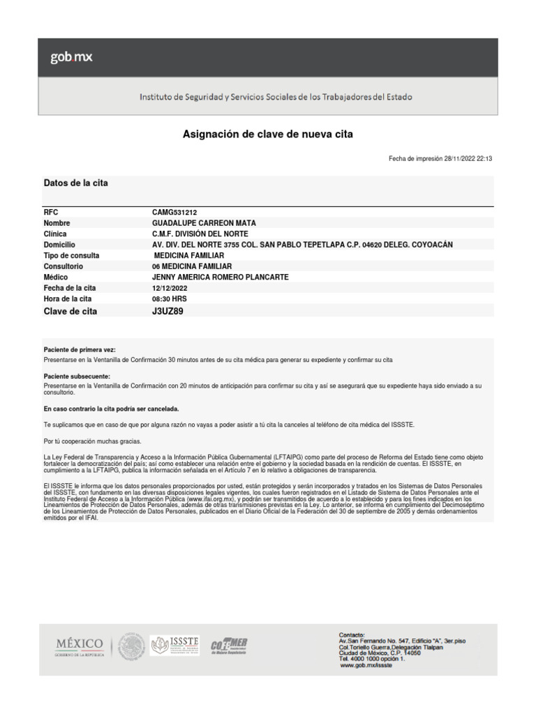 Confirmación de Cita Médica ISSSTE | PDF | Gobierno
