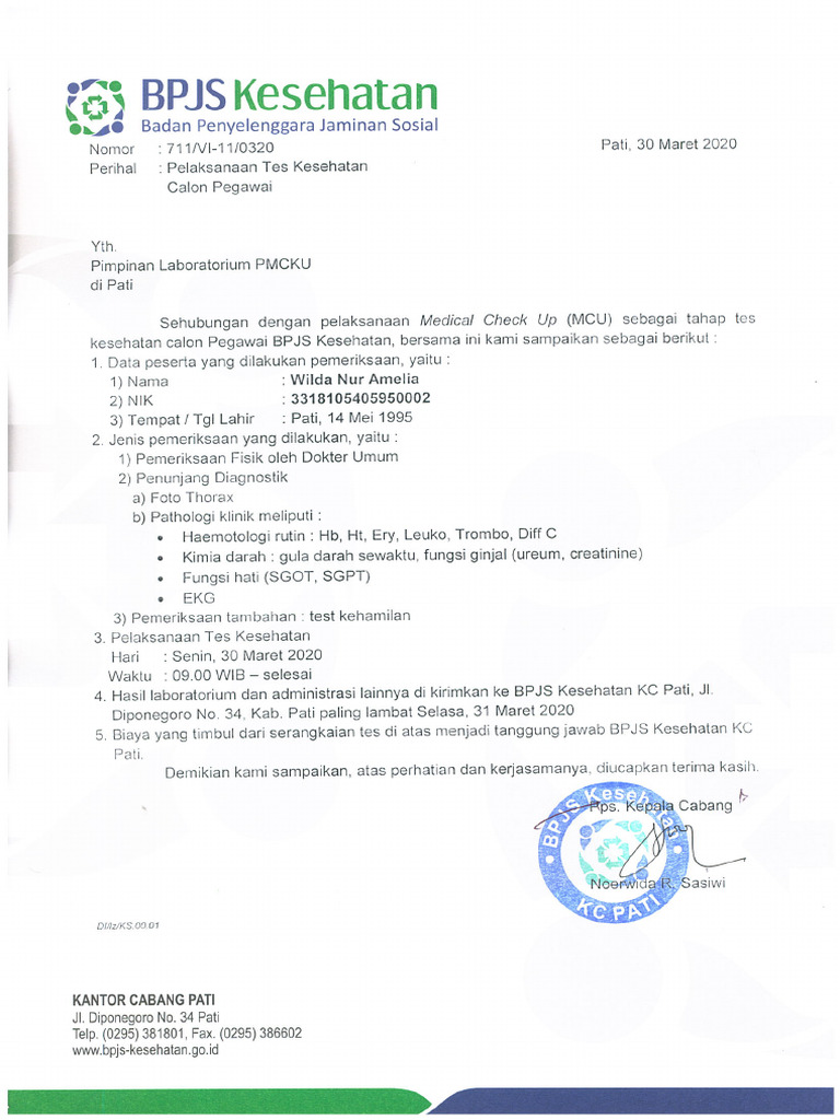 Surat Pengantar Tes Kesehatan BPJS Kesehatan | PDF