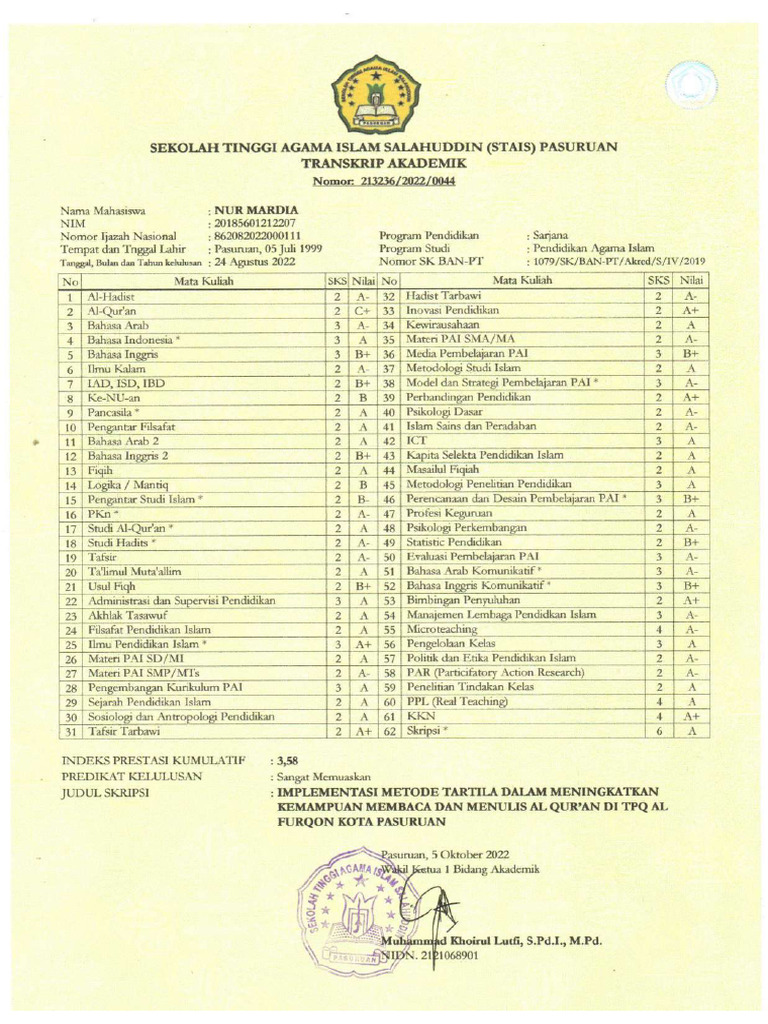 Berkas Transkrip Nilai s1 Nur Mardia | PDF
