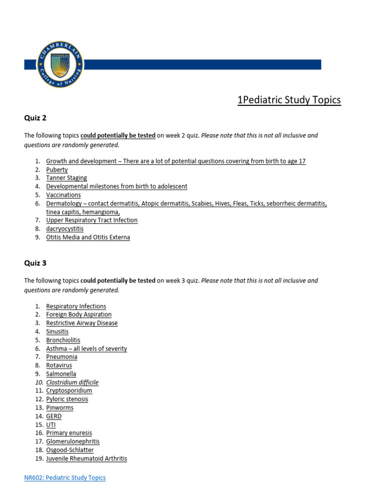 Nr602 Pediatric Topic List | PDF | Diseases And Disorders | Medical ...