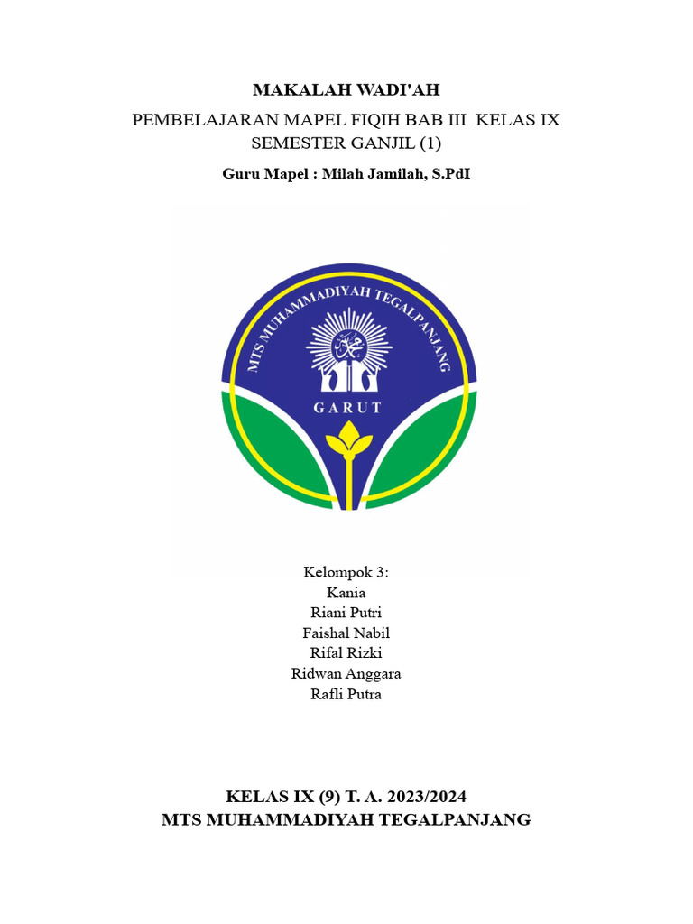 Contoh Sampul Makalah Wadi'ah MTS | PDF