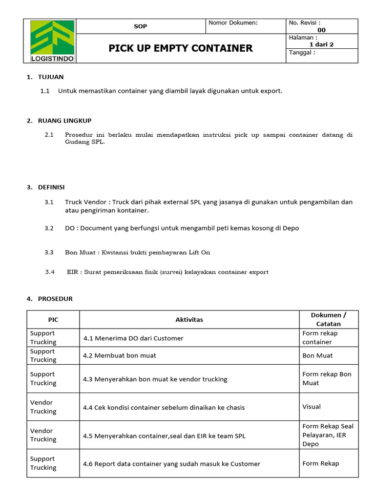 SOP Pick Up Empty Container | PDF