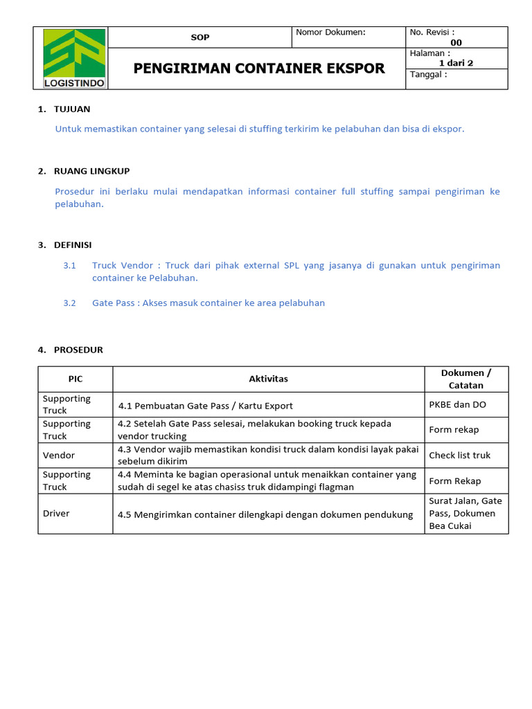 SOP Pengiriman Container Full | PDF