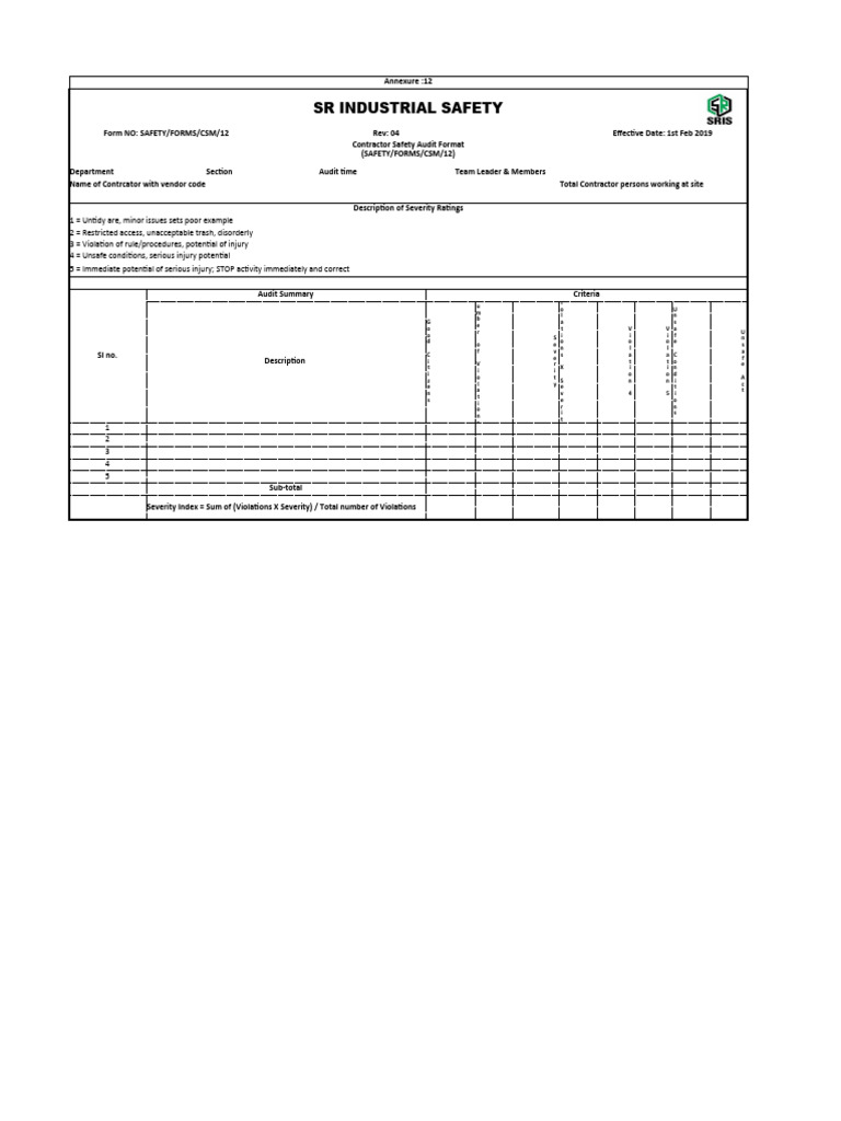 Annexure 12 Contractor Safety Audit Form SRIS | PDF
