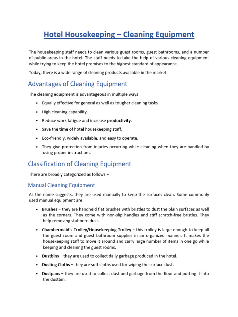 Hotel Housekeeping EQUIPMENT | Download Free PDF | Housekeeping | Lawn