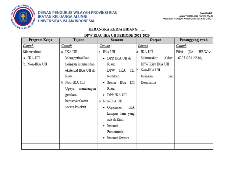 Format Tabel Kerangka Kerja DPW Riau Ika Uii | PDF