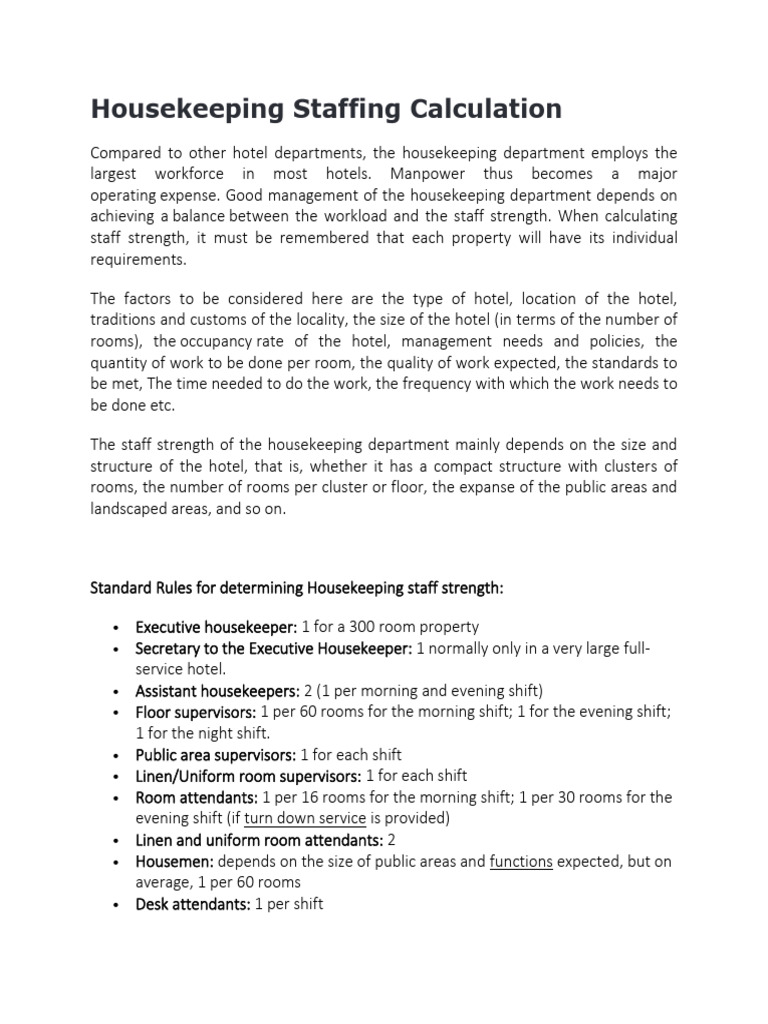 Housekeeping Staffing Calculation | PDF
