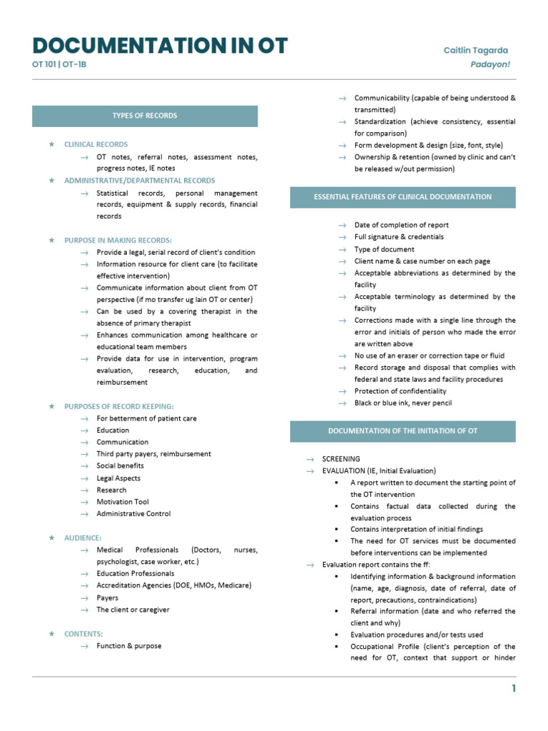 Documenation in OT - Notes | PDF | Goal | Therapy