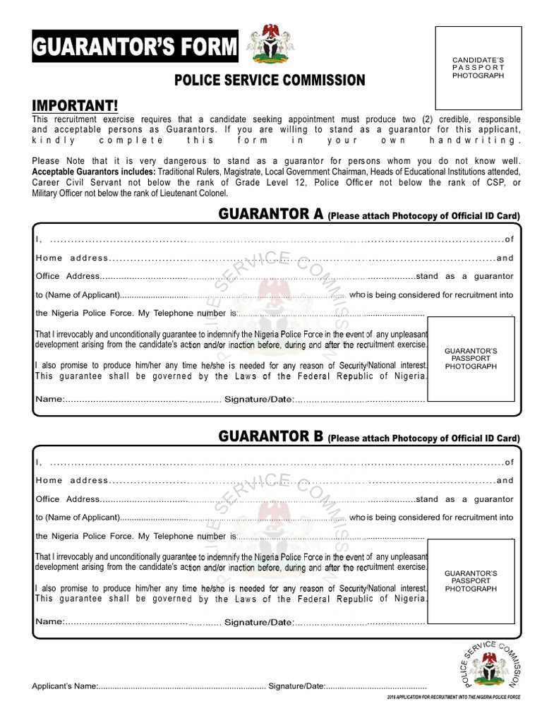 Nigeria Police Guarantor Form 2025 | PDF | National Security | Legal Documents