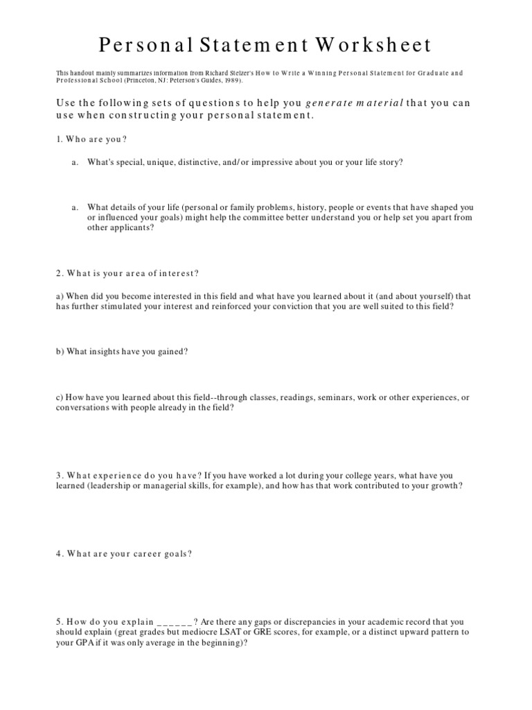 Personal Statement Worksheet | PDF | Leadership | Graduate Record Examinations