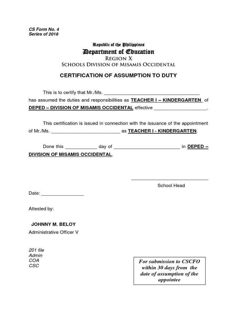 Assumption To Duty - Teacher I Kindergarten | PDF