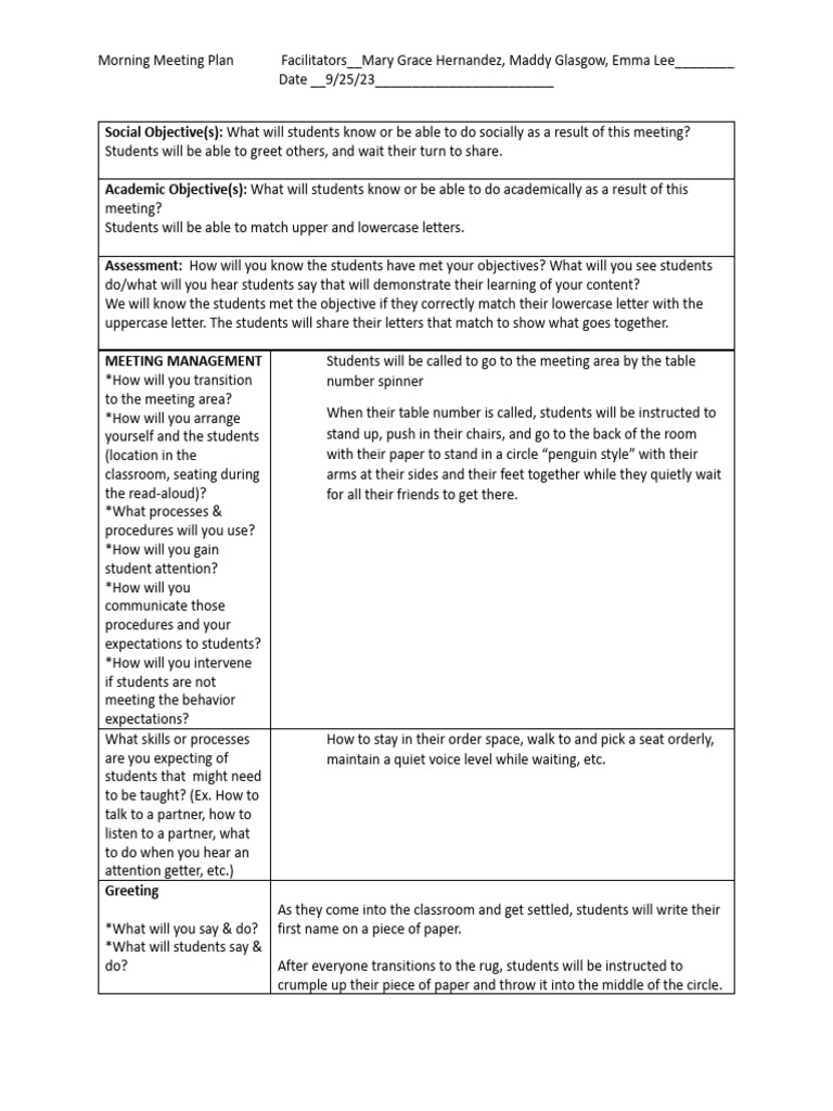 Morning Meeting Planning Template | Download Free PDF | Letter Case ...