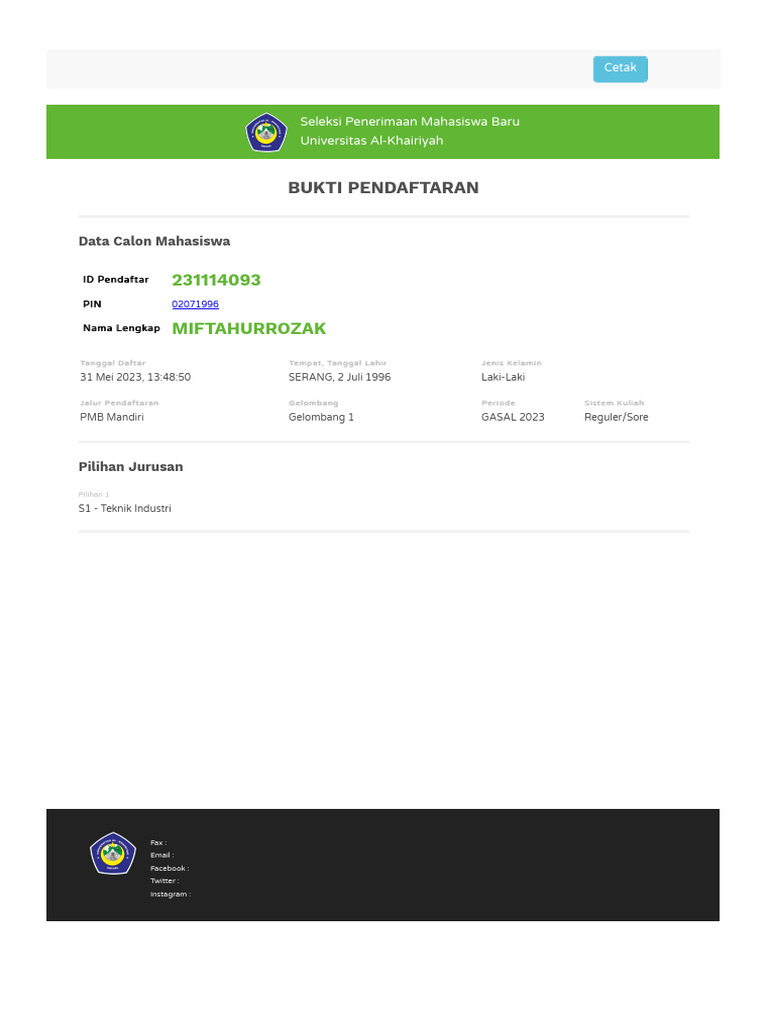Universitas Al-Khairiyah - Seleksi Penerimaan Mahasiswa Baru - Bukti Pendaftaran | PDF