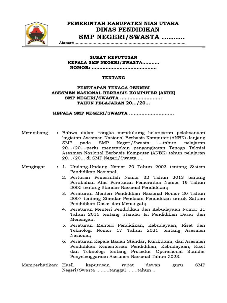 Contoh SK Teknisi ANBK SMP 2023 | PDF