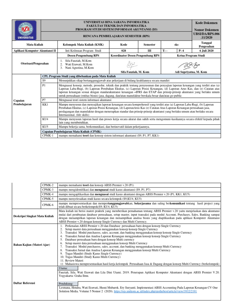 RPS Aplikasi Komputer Akuntansi II | PDF | Bisnis