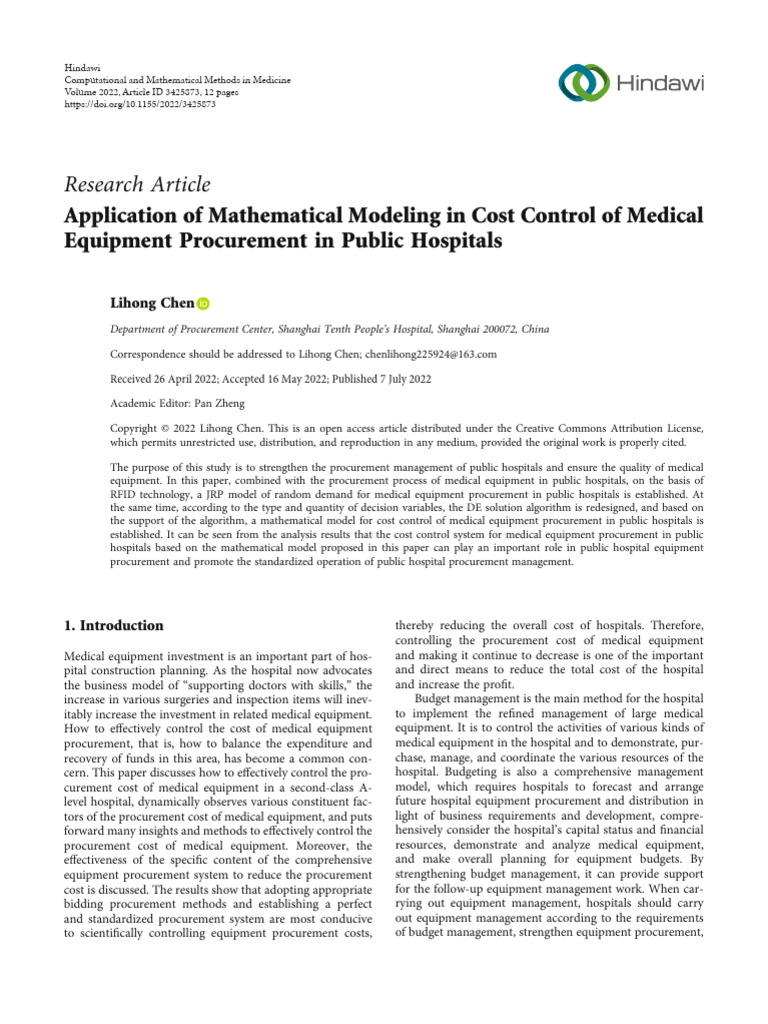 Application of Mathematical Modeling in Cost Control of Medical | PDF ...