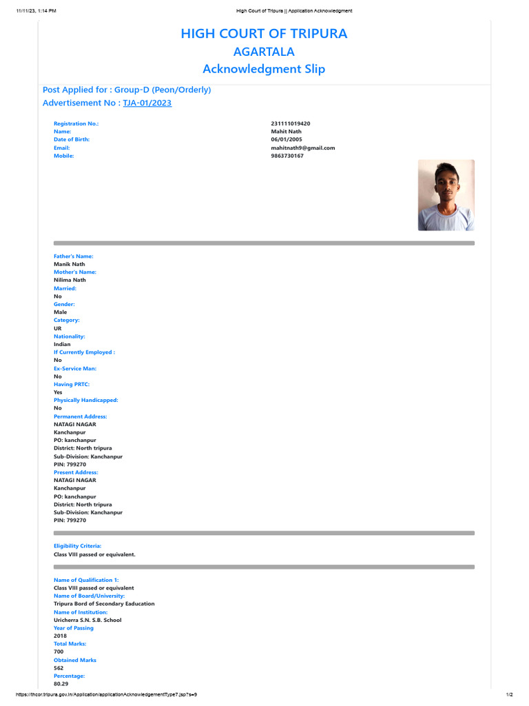 High Court of Tripura - Application Acknowledgment2 | PDF | Qualifications | Educational Stages
