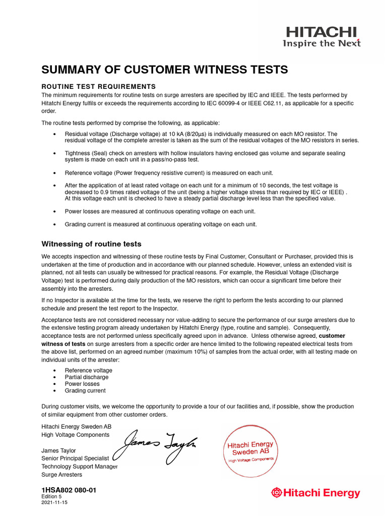 Summary Of Customer Witness Tests 1HSA802 080 01 Rev 5 STD 2021