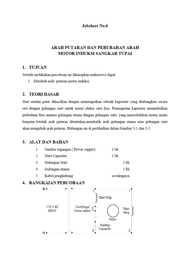 Jobsheet No.6 Arah Putaran Dan Perubahan Arah Putaran Motor Listrik | PDF