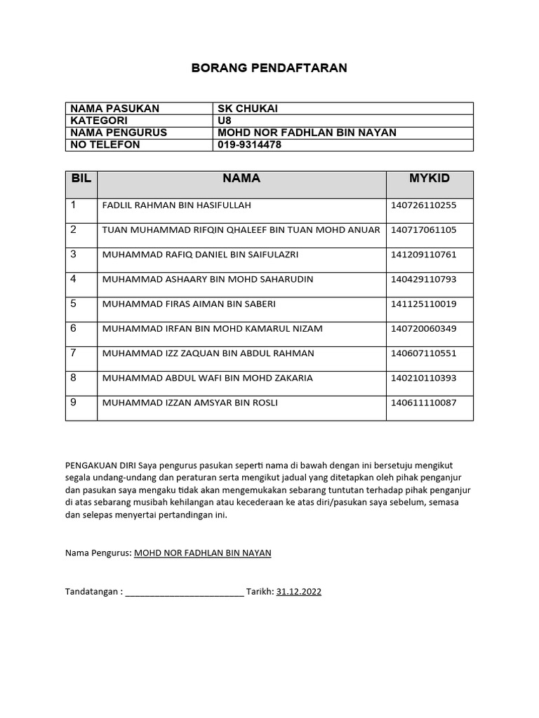 Borang Pendaftaran Bola Sepak Pdf