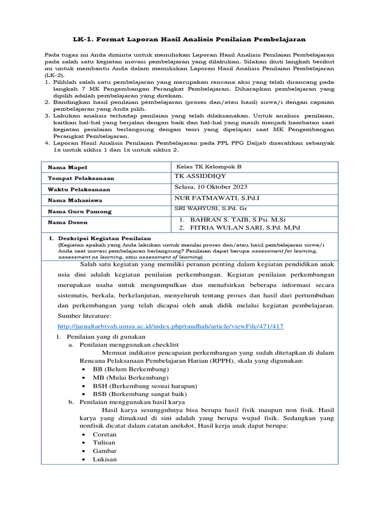 Format Hasil asesmen pembelajaran dan asesmen pembelajaran PAUD | PDF