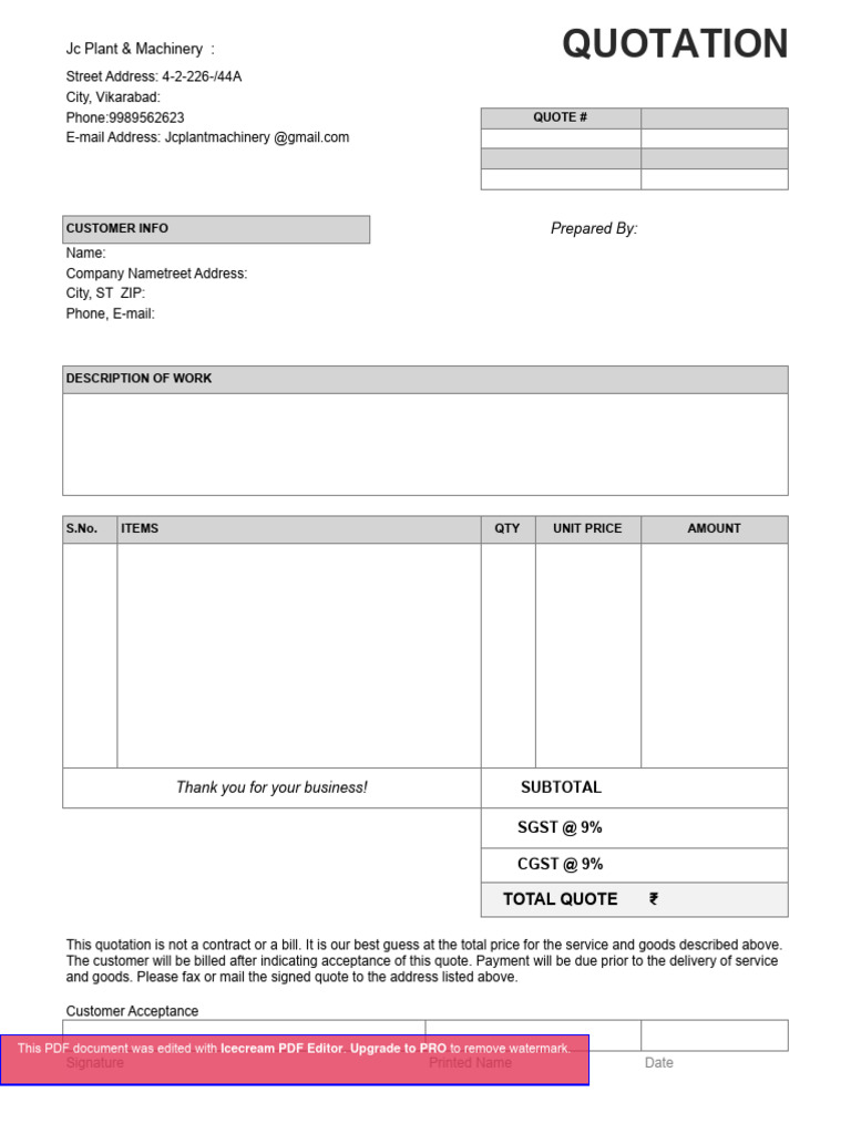 Jc Plant & Machinery Quotation | PDF