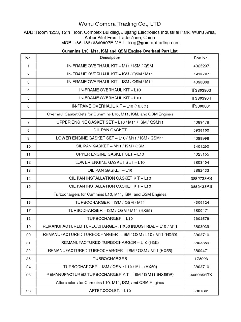 Cummins L10 and M11 and ISM11 and QSM11 Engine Overhaul Parts | PDF ...