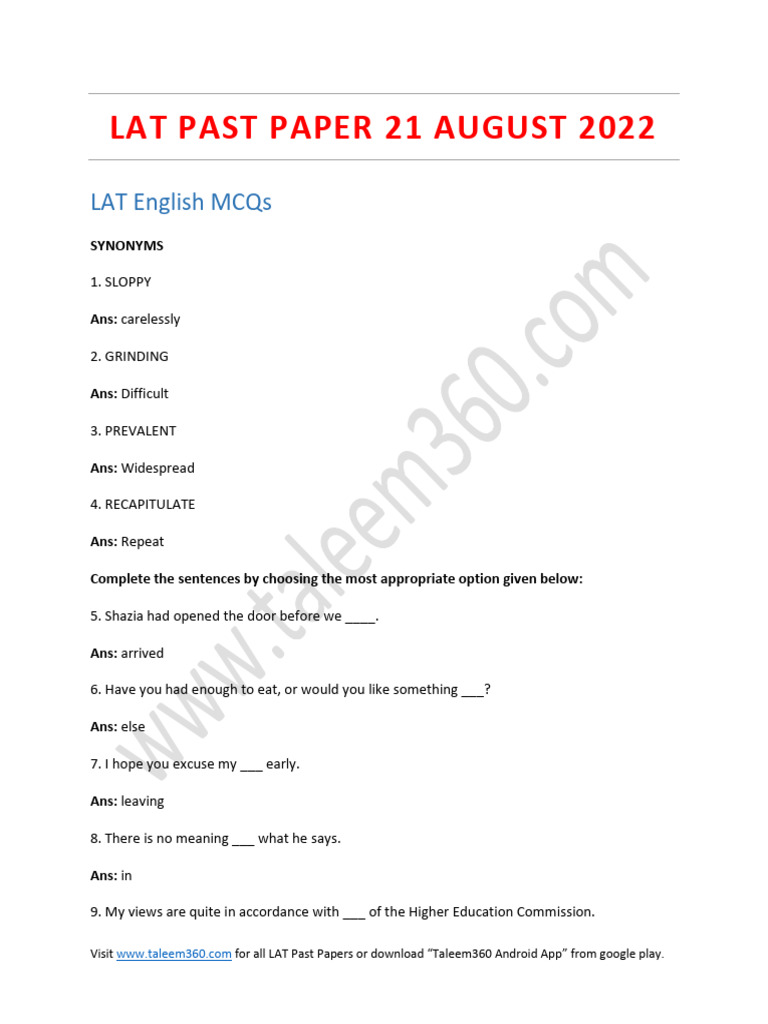 LAT Past Paper 21 AUGUST 2022 | PDF | Google Play | Pakistan