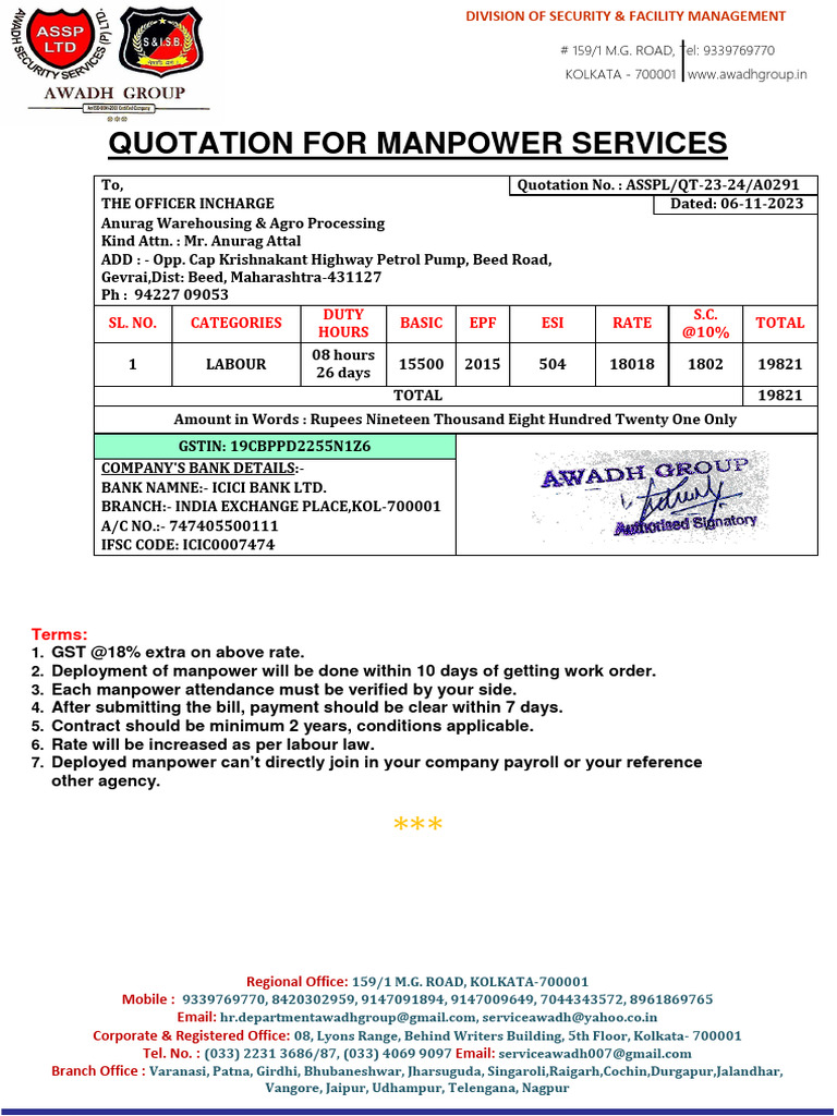 Quotation For Manpower Services: Sl. No. Categories Duty Hours Basic ...