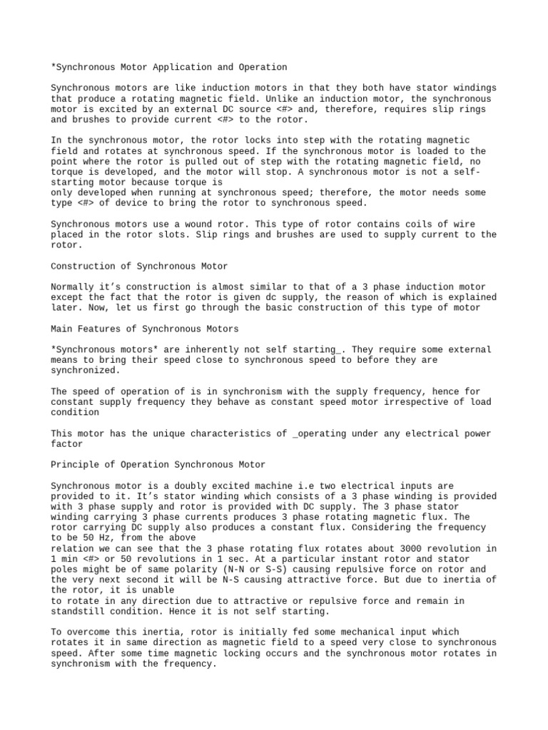 Synchronous Motor Application and Operation | PDF | Electric Motor ...