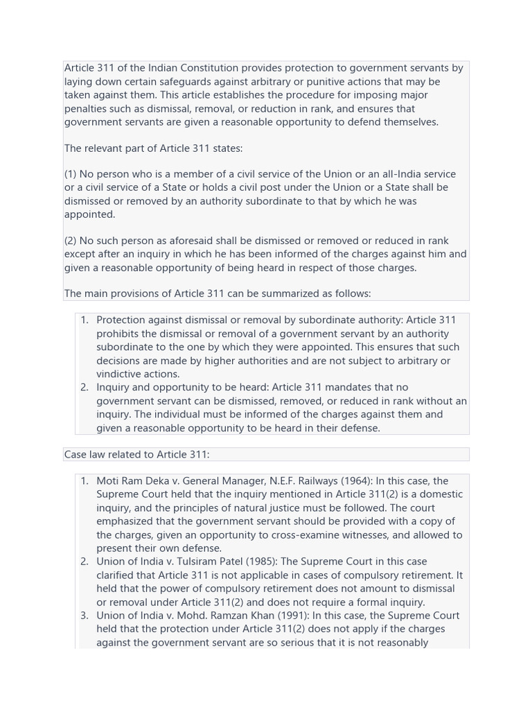 Article 311 of The Indian Constitution Provides Protection To ...