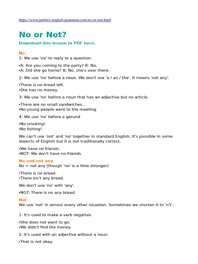 English Grammar: Using 'No' vs 'Not' | PDF | Language Arts & Discipline