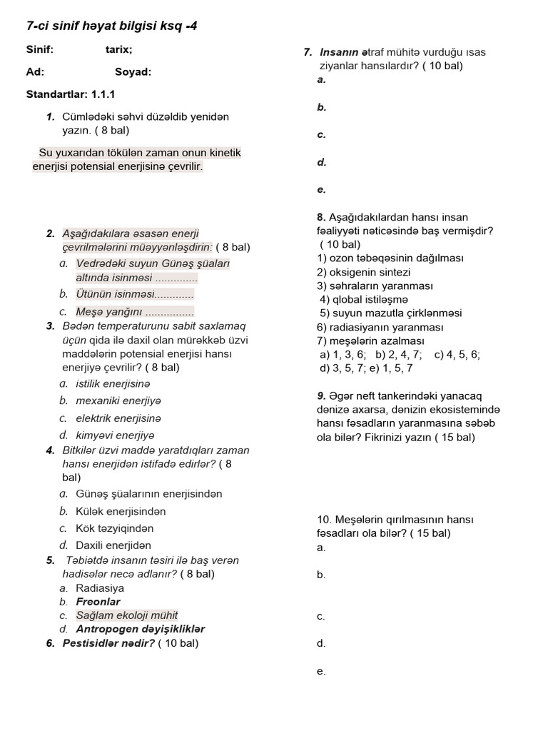 7-Ci Sinif Həyat Bilgisi KSQ - 4 | PDF