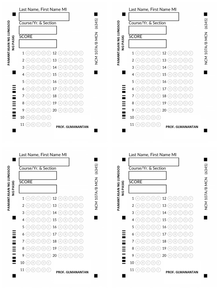 NCM 107 Quiz Answer Sheet PDF