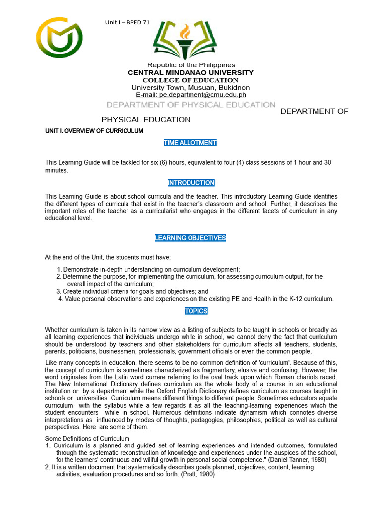 Learning Guide 1 in BPEd 71 | PDF | Curriculum | Teachers