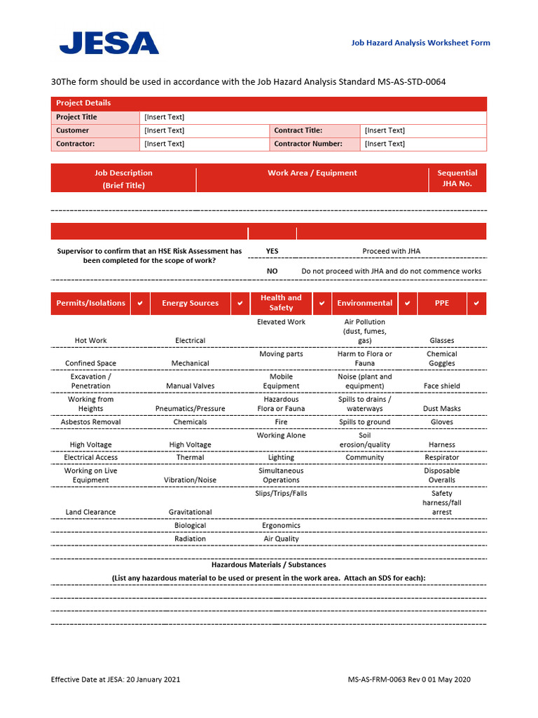 Job Hazard Analysis Worksheet Form HSE | PDF | Hazards | Personal ...