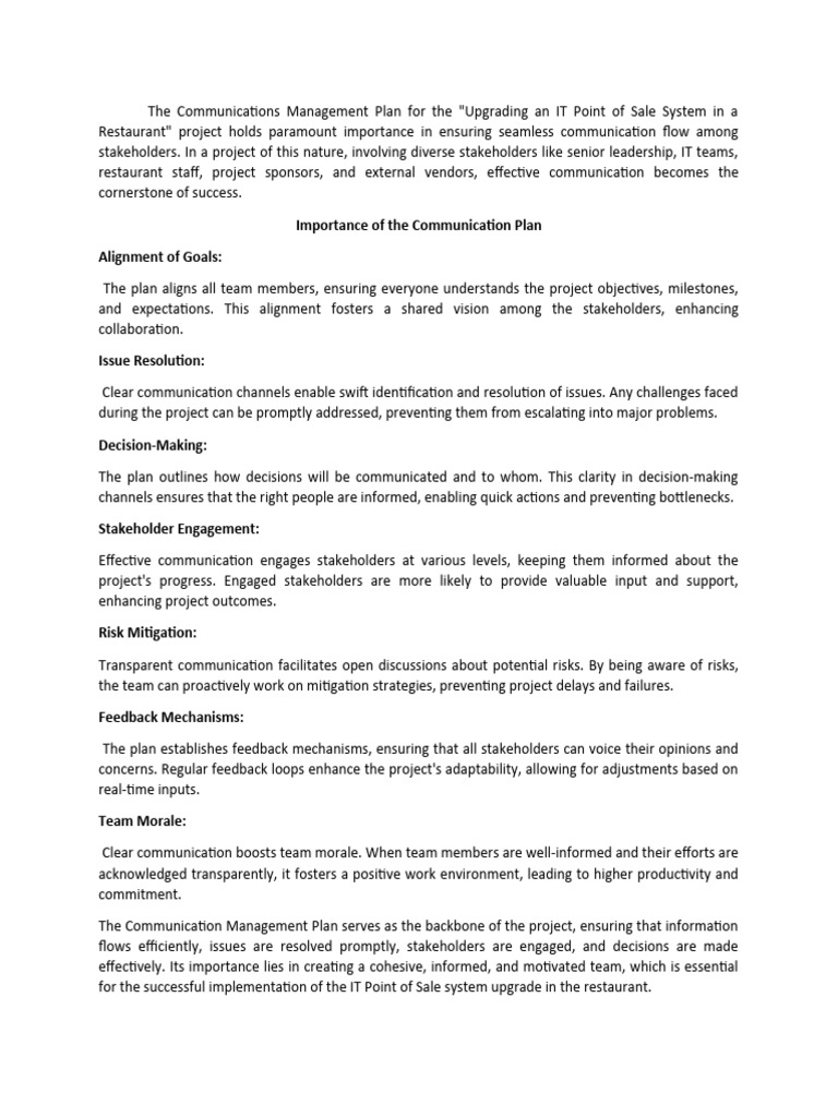 The Communications Management Plan For The | PDF | Communication | Point Of Sale
