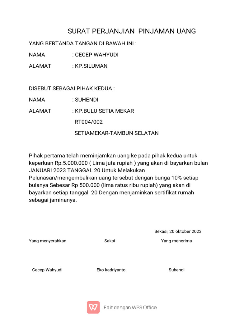 Surat Perjanjian Pinjaman Uang Suhendi | PDF