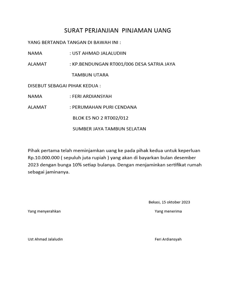 Surat Perjanjian Pinjaman Uang | PDF