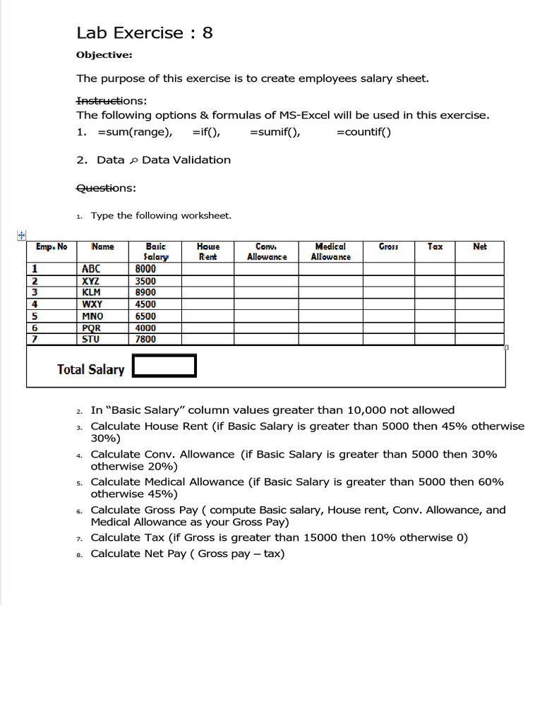Excel Lab Exercises Overview | PDF