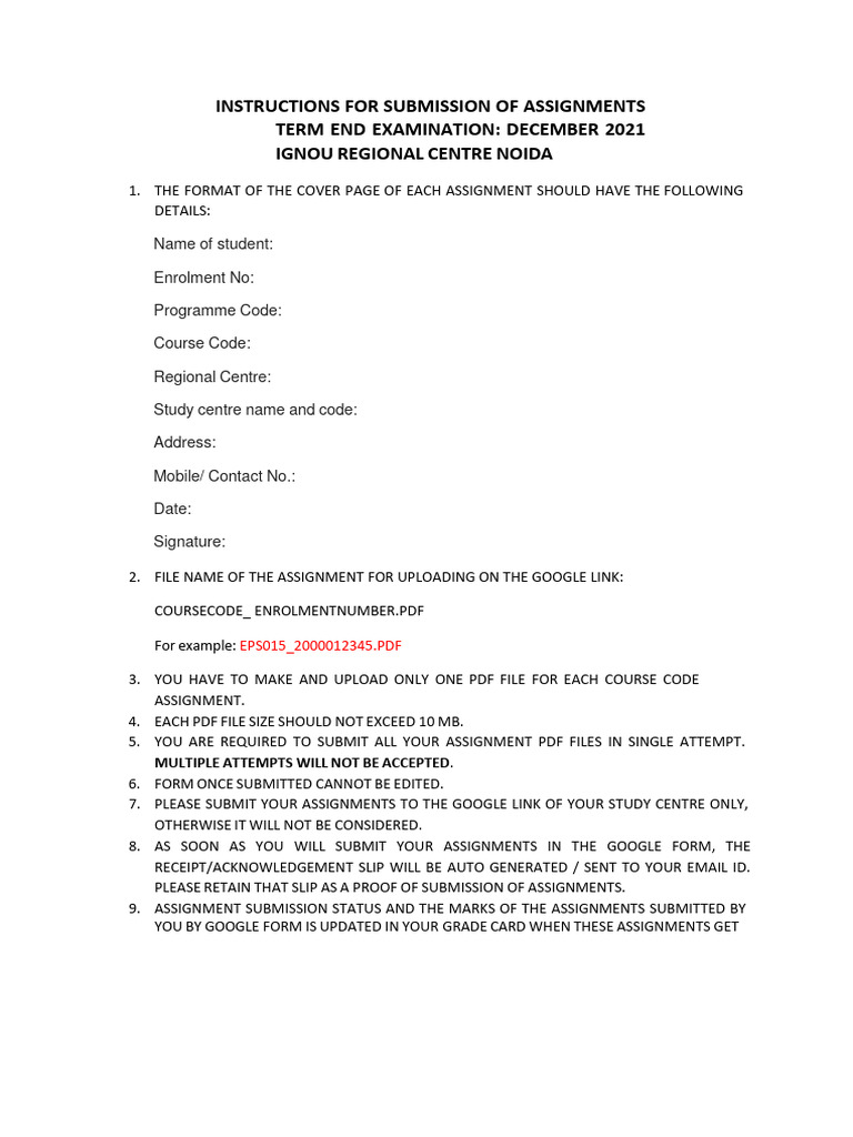 Instructions For Submission of Assignment December 2021 Revised | PDF ...