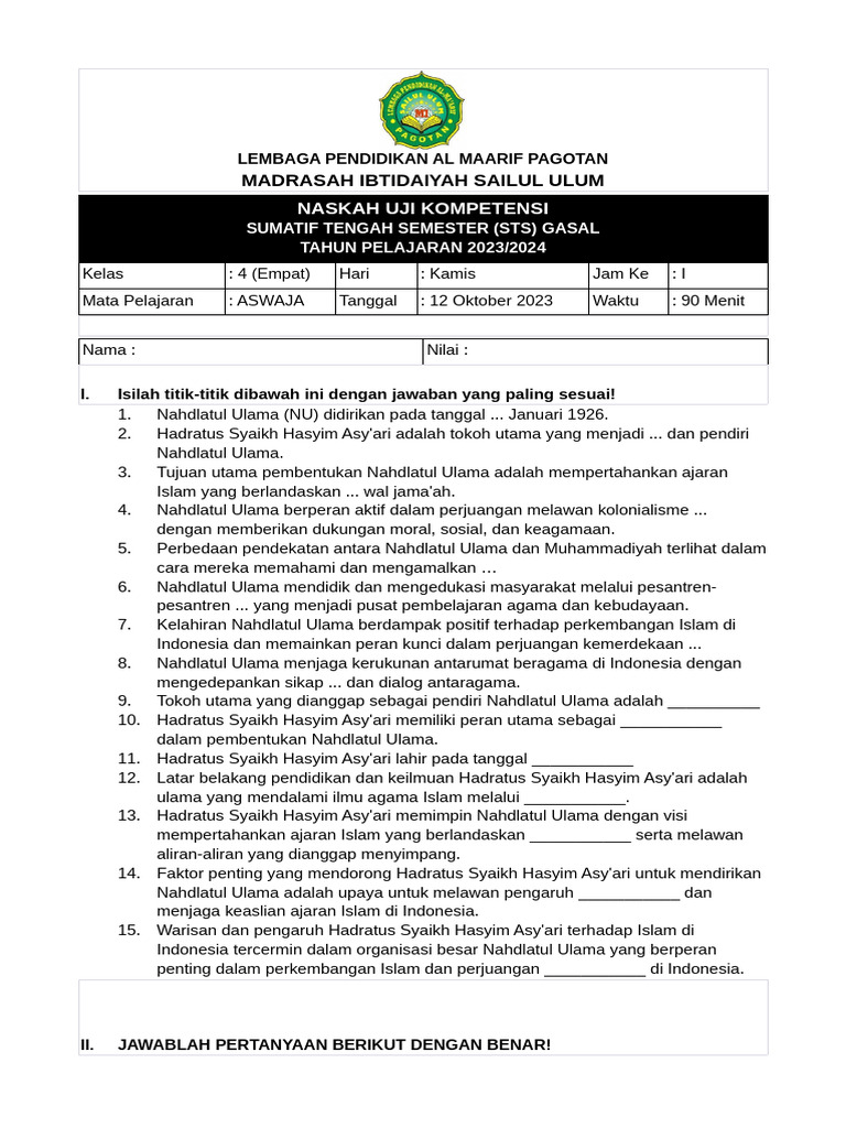Soal Aswaja Kelas 4 | PDF