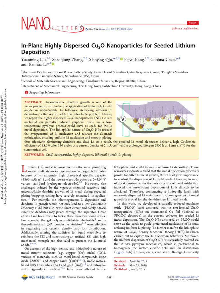Liu Et Al 2019 in Plane Highly Dispersed Cu2o Nanoparticles For Seeded Lithium Deposition ...