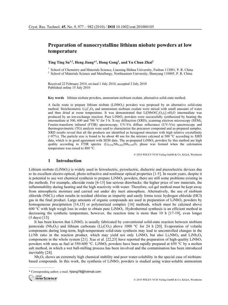 2010 - Preparation of Nanocrystalline Lithium Niobate Powders at Low ...