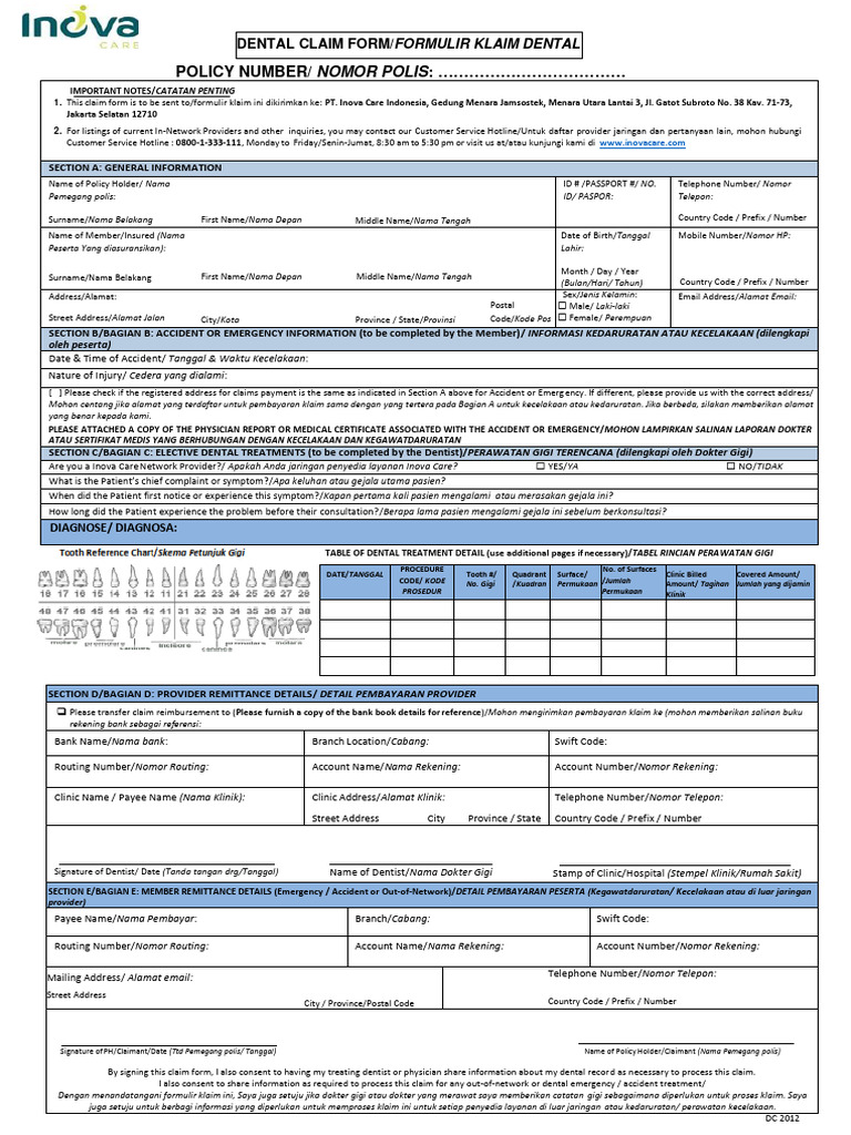 Formulir Klaim Dental Inova Care | PDF | Bisnis | Pengelolaan Keuangan ...