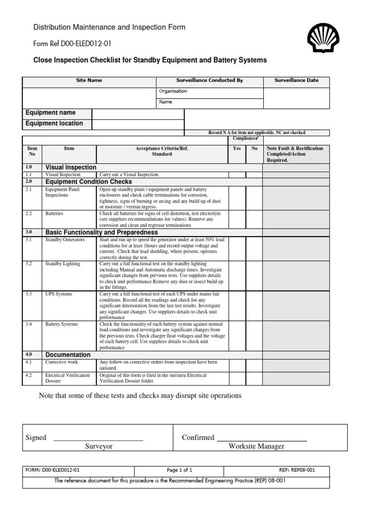 (Gensets Close Inspection Checklist) D00-ELED012-01 | PDF | Battery ...